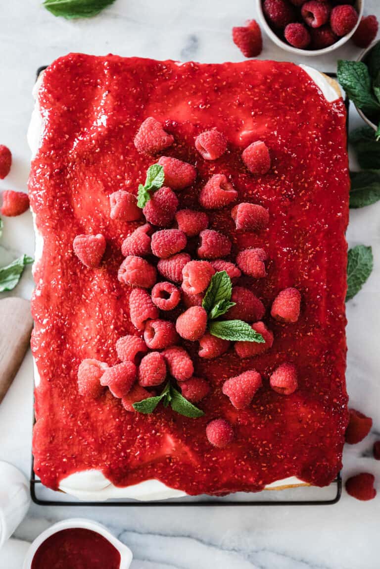 Raspberry Vanilla Sheet Cake - Oh So Delicioso